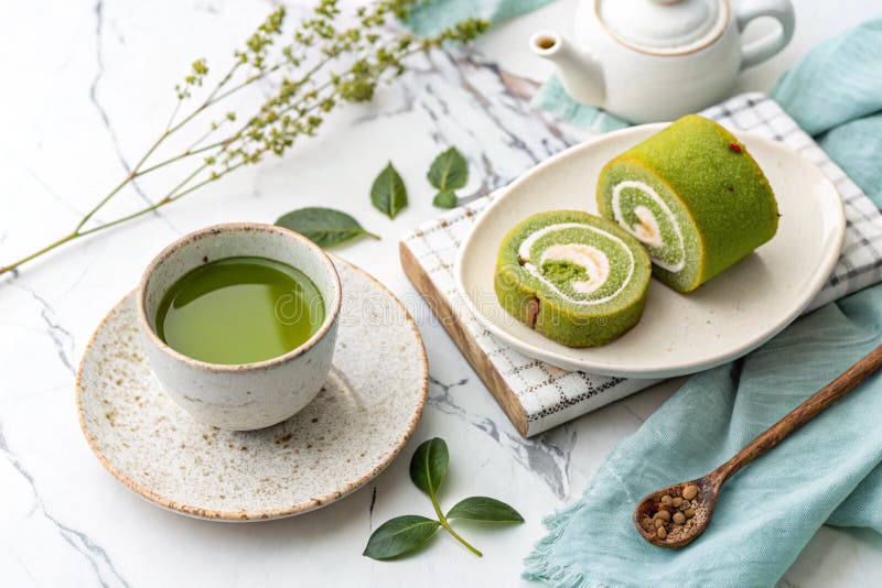 Tea Time Set with Green Tea, Matcha Roll, and Pastel Background Stock ...