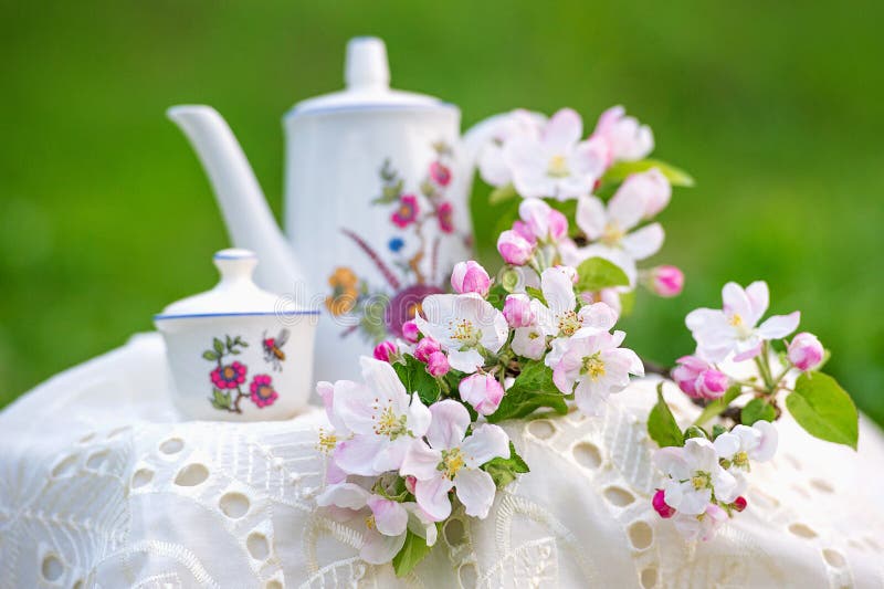 Tea Time in the Spring Garden with Tree Blossom Stock Photo - Image of ...