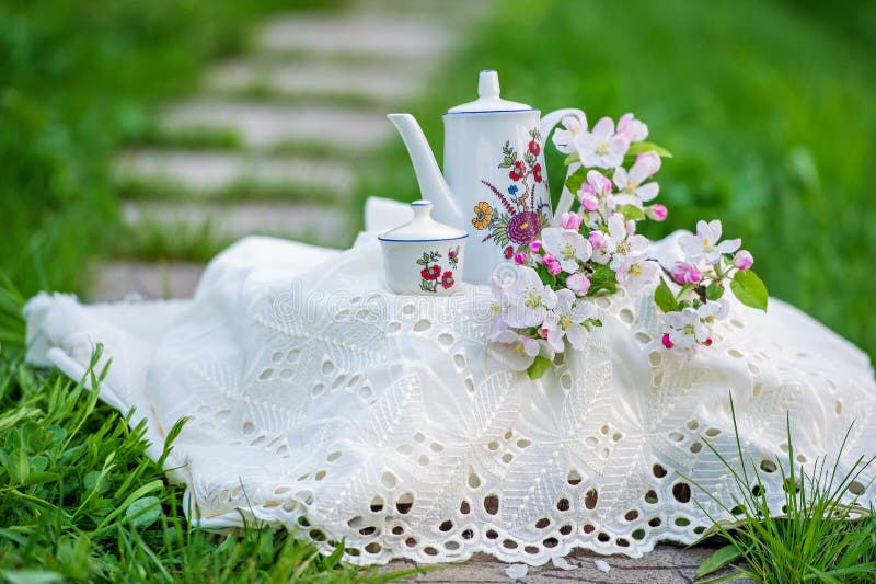 Tea Time in the Spring Garden with Tree Blossom Stock Photo - Image of ...