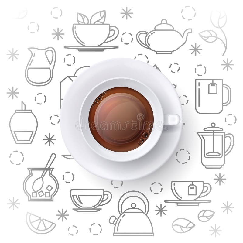 Tea Time Vector Concept with Realistic Top View Cup and Outline Icons ...