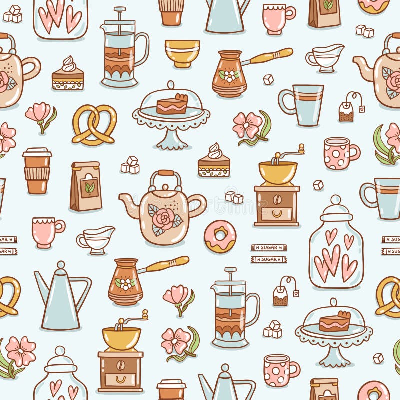 Tea Time Yummy Seamless Pattern on Light Blue Background Stock Vector ...
