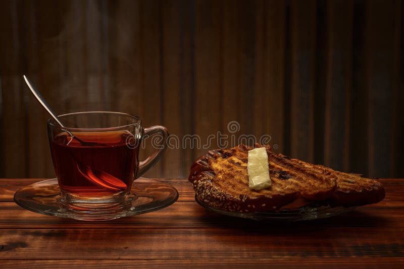 Tea and Toast on a Wooden Background Stock Image - Image of portion ...
