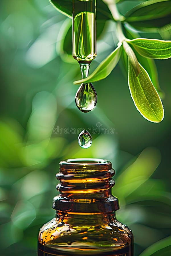 Tea Tree Essential Oil Drips into the Bottle. Selective Focus Stock ...