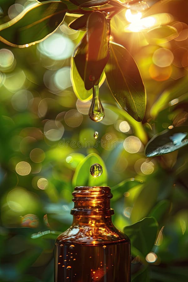 Tea Tree Essential Oil Drips into the Bottle. Selective Focus Stock ...