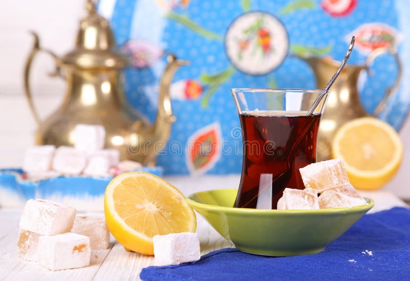 Tea with Turkish Delight and Lemon Stock Image - Image of invigorating ...