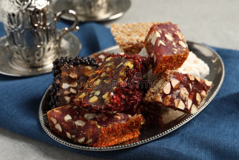 Tea and Turkish Delight Served in Vintage Tea Set on Grey Table ...