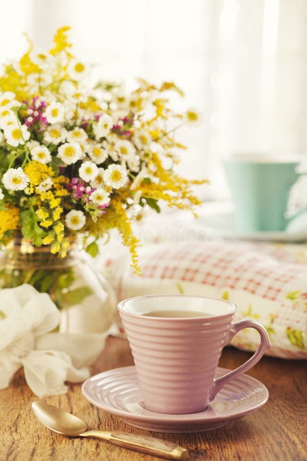 Tea for Two and Summer Flowers Stock Photo - Image of decoration ...