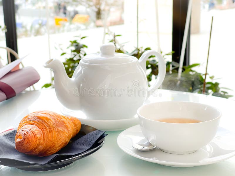 Tea in a White Cup with Fresh Croissant Stock Photo - Image of health ...