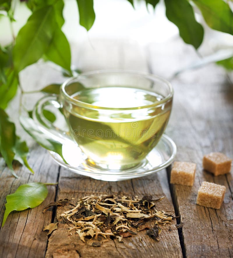 Cup with Green Tea and Green Leaves. Stock Image - Image of antioxidant ...