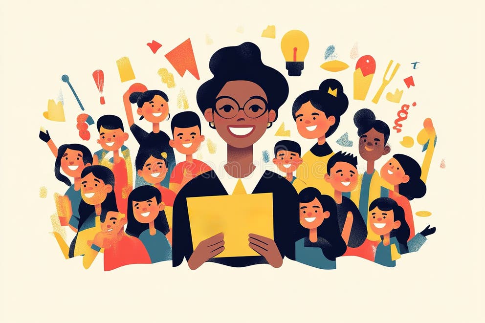 Teacher Appreciation Day Illustration, Teacher Surrounded by Students Stock Illustration ...