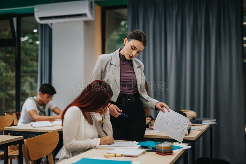 Teacher Assisting Students in a Bright Classroom Setting Stock Photo ...