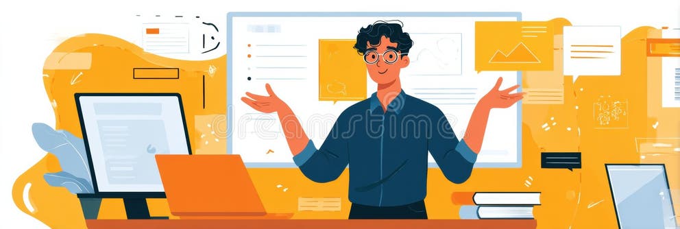 Teacher Avatar Enthusiastically Explaining Concepts in a Vibrant Online Classroom Setting with ...