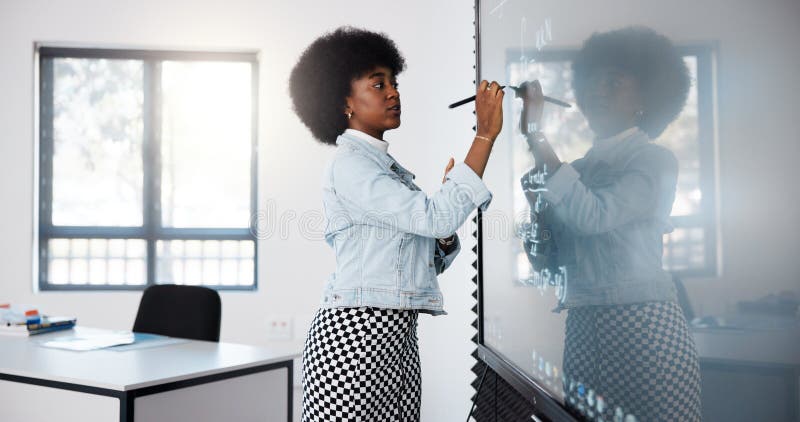 Teacher, Black Woman and Smart Board in Classroom for Explaining Rules ...