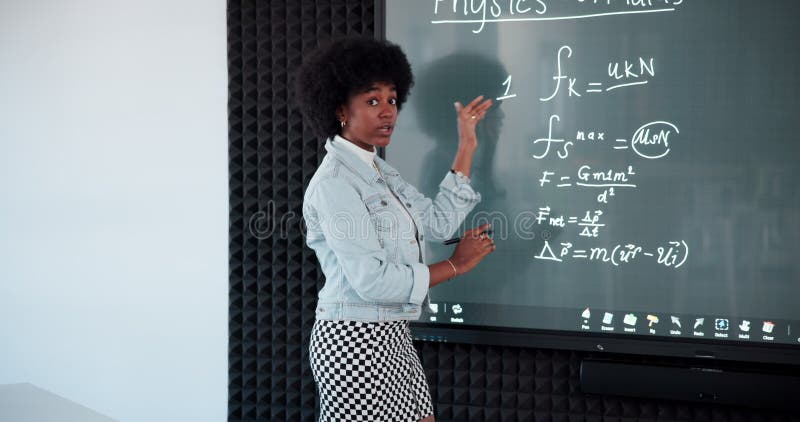 Teacher, Black Woman and Writing on Board for Math or Physics Lecture ...