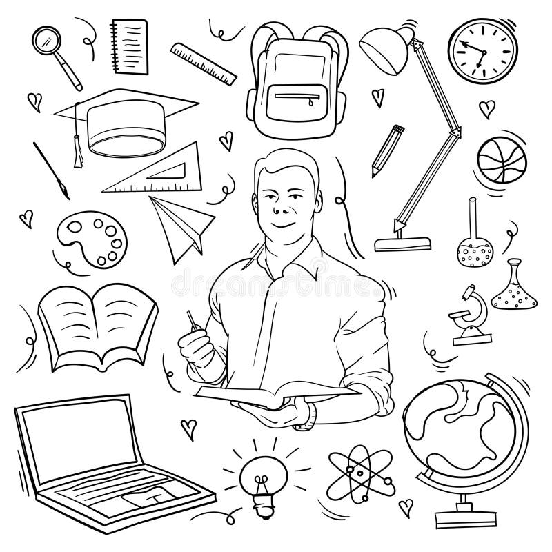 Teacher Brings a Book and Holds a Pen with Learning Tools in Doodle Art ...