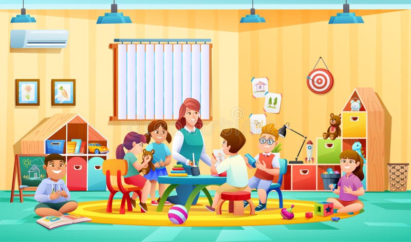 Teacher and Children Activity in Kindergarten Classroom Stock Vector ...