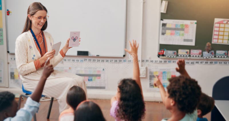 Teacher, Children and Flash Cards with Question in Lesson for Animal ...
