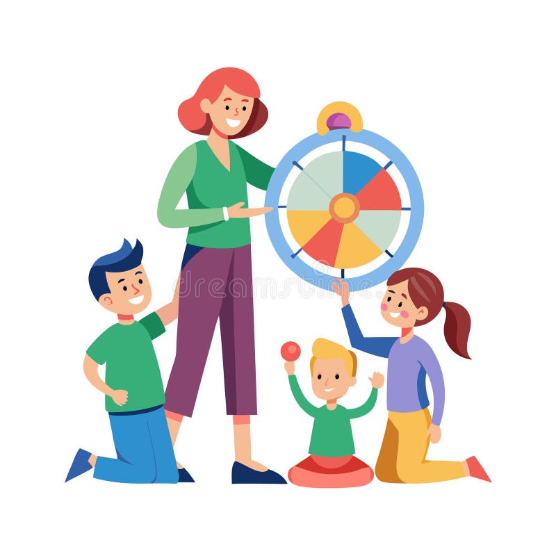 Teacher with Children Playing a Wheel Game, Education, Child ...