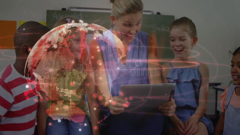 Teacher and Children Using Tablet with Digital Globe Animation Overlay Stock Video - Video of ...