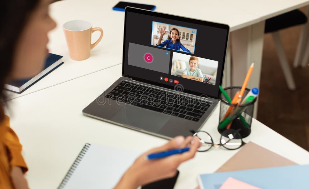 Teacher with Computer Having Video Conference Chat with Students Stock Photo - Image of teaching ...