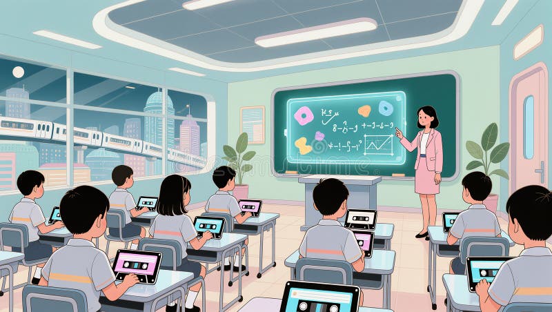 Engaging Classroom Session with Digital Learning Tools in a Cityscape Stock Illustration ...