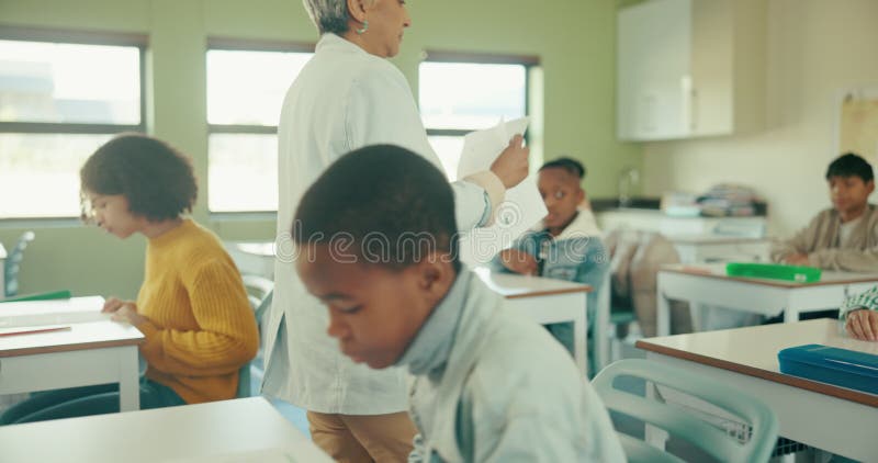 Teacher, Desk and Students in Classroom for Exam, Test and Knowledge in ...