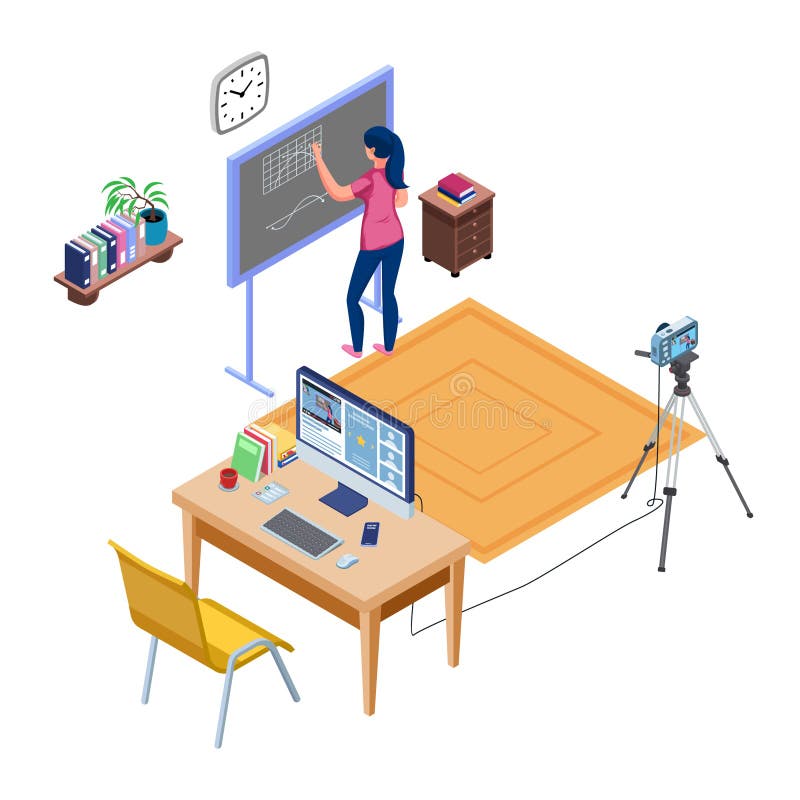 Teacher Do Online Learning and Write in the Blackboard. Set of Live ...