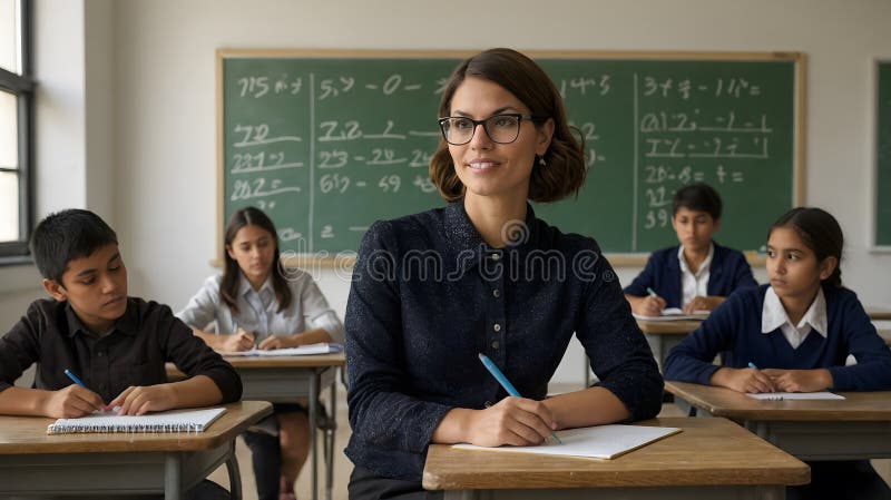 Teacher Writing Math Equation on Blackboard in Classroom with Attentive ...