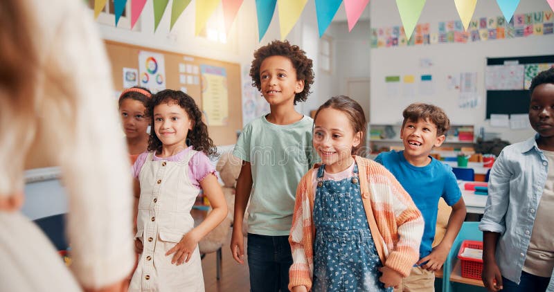Teacher, Education and Lesson with Students in Classroom for Child ...