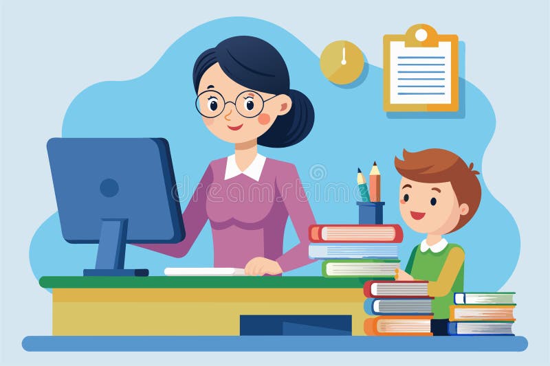 A Teacher Engages with a Computer for Lesson Delivery while a Child ...