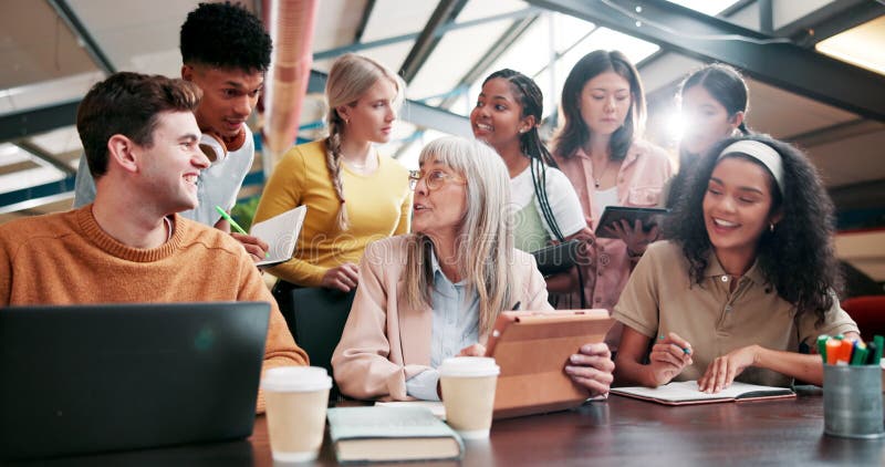 Teacher, Explain and Group of Students with Tech for Class Project ...