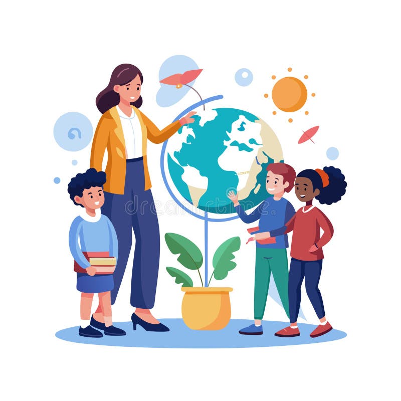 Teacher Explaining Geography To Students with a Globe in the Classroom ...