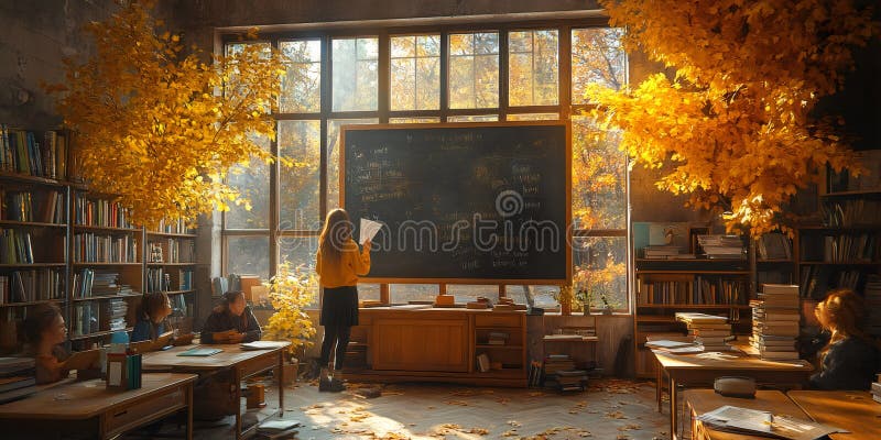 Teacher Explaining Lesson To Students in Autumn Classroom Stock ...