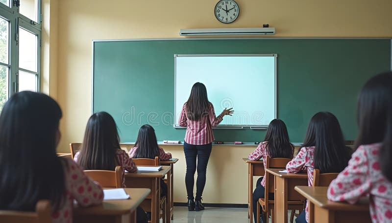 Teacher Explaining Lesson To Students in Classroom, Rear View ...