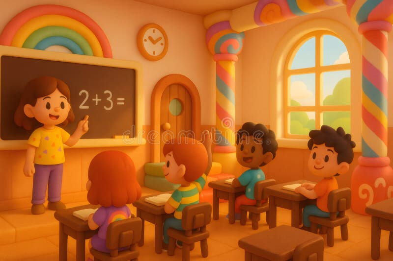 Teacher Explaining Simple Math Equation To Diverse Group of Children in ...