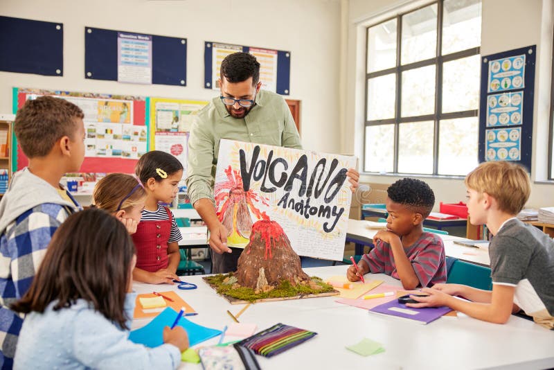 Teacher Explaining Volcano Anatomy To Elementary Class Stock Image ...