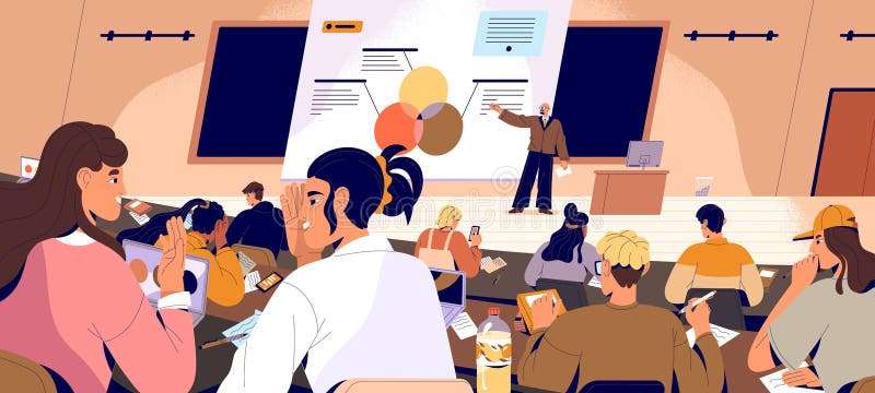 Teacher Explains Course To Audience. Professor Presenting Lecture To ...