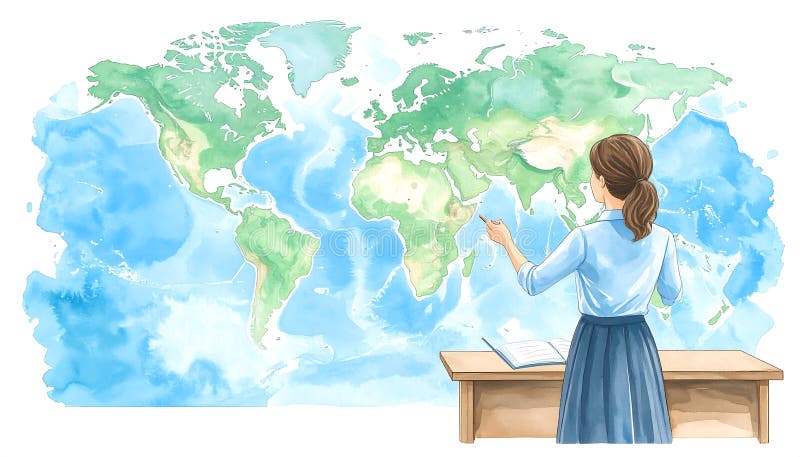 Teacher Exploring World Map in Classroom Setting with Geography Focus ...