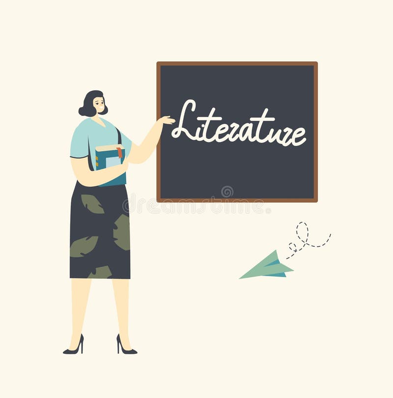 Teacher Female Character Conducting Boring Literature Class Stand In Classroom At Blackboard