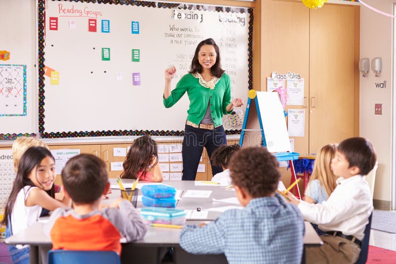 Teacher at the Front of Class with Elementary School Kids Stock Image ...