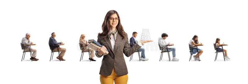 Teacher in Front of People Sitting in School Chairs and Writing Stock ...