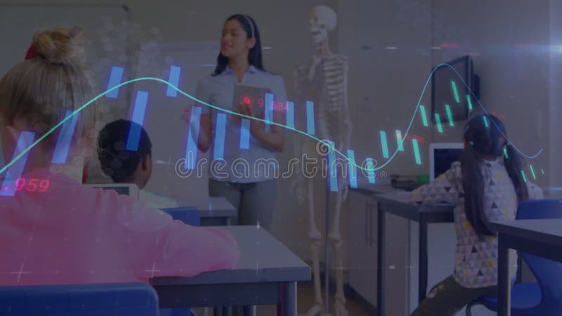 Teacher Gesturing at Skeleton Model in Science Class, Showing Animated ...