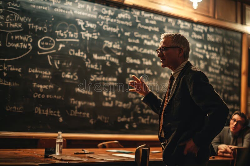 A Teacher Giving an Engaging Lecture in Front of a Chalkboard Covered ...