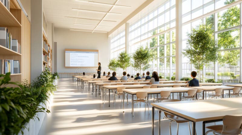 Teacher Giving Lecture in Bright Modern Classroom with Large Windows ...