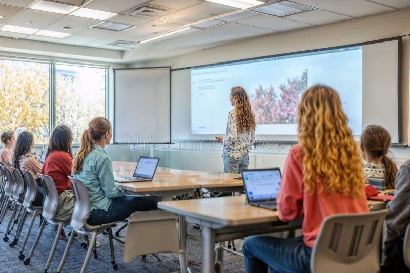 A Teacher is Giving a Presentation To a Group of Students with Laptops ...