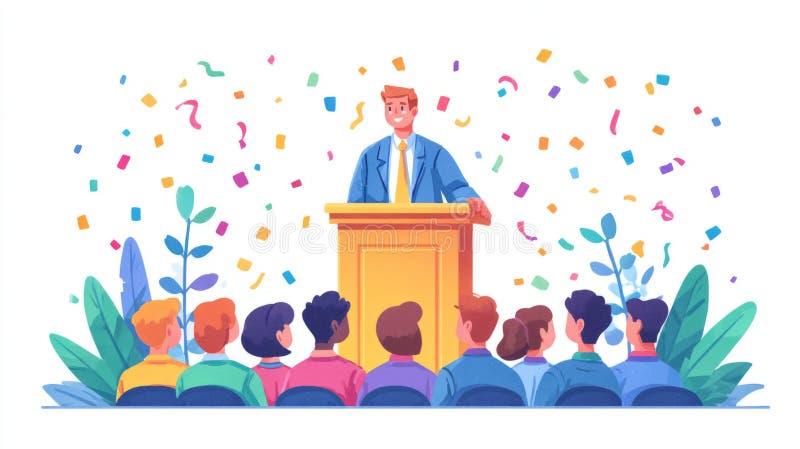 Teacher Giving a Speech on a School Stage with Decorations and Seated ...