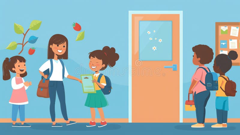 Teacher Greeting Students at Classroom Door with Smiles and Back Packs ...