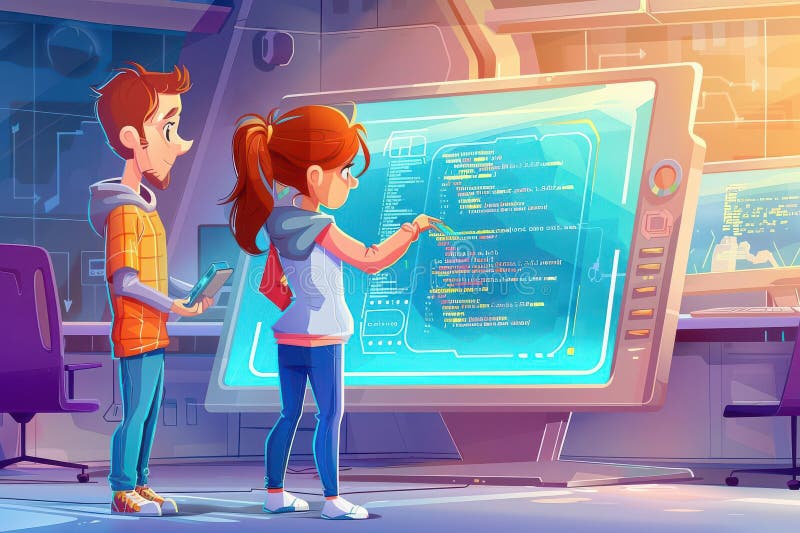 Teacher Guiding a Student through Coding on a Holographic Screen Stock ...