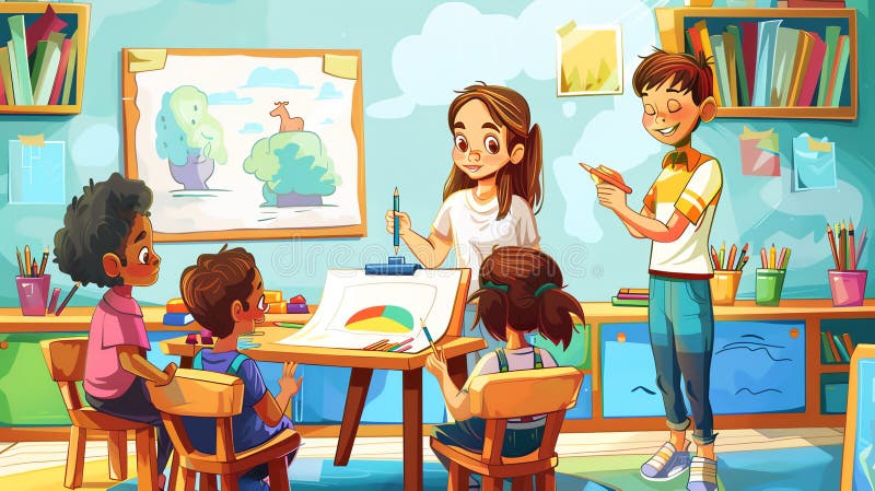 Teacher Guiding Students in a Colorful Classroom Setting with Charts ...