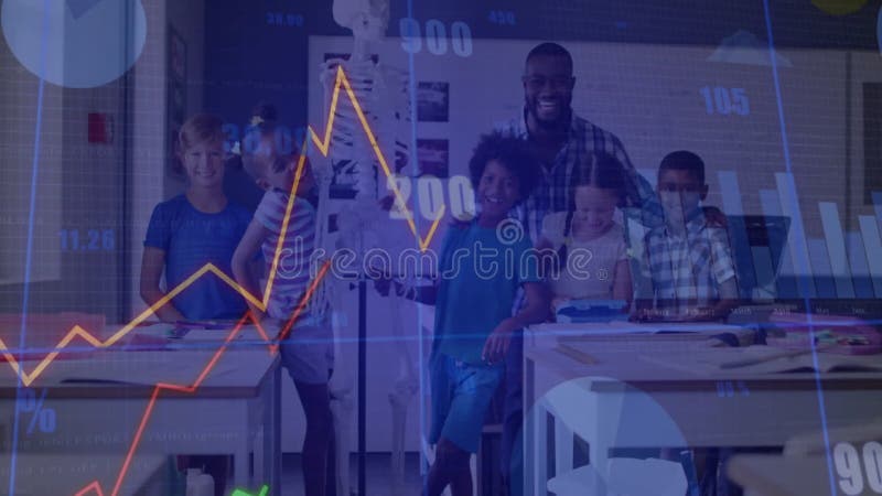 Teacher Guiding Students Examining Skeleton in Science Classroom ...